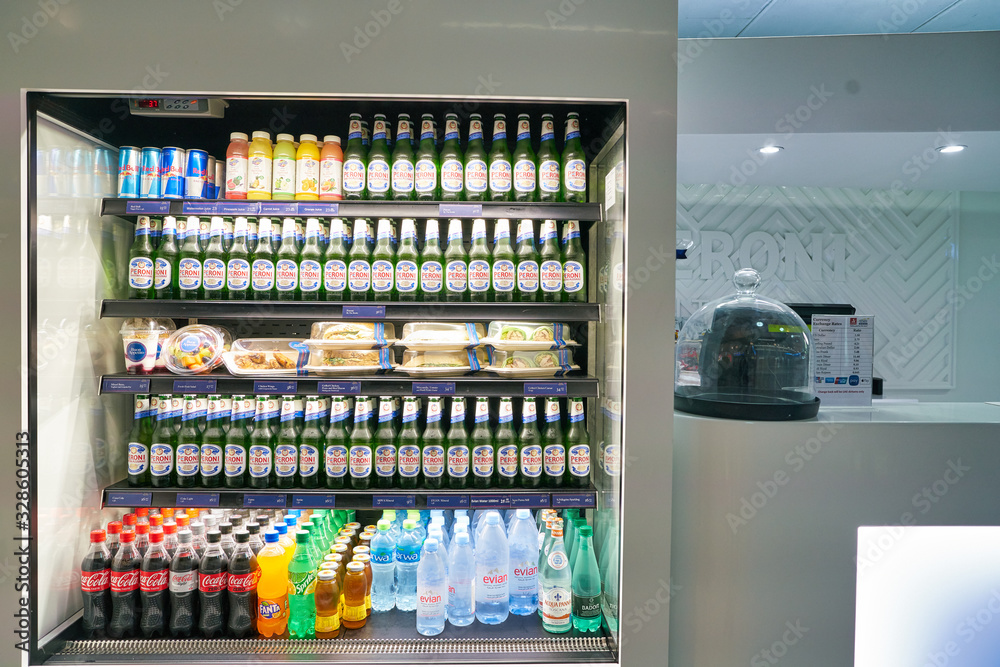 DUBAI, UAE - CIRCA JANUARY 2019: drinks and snacks on display at Peroni ...