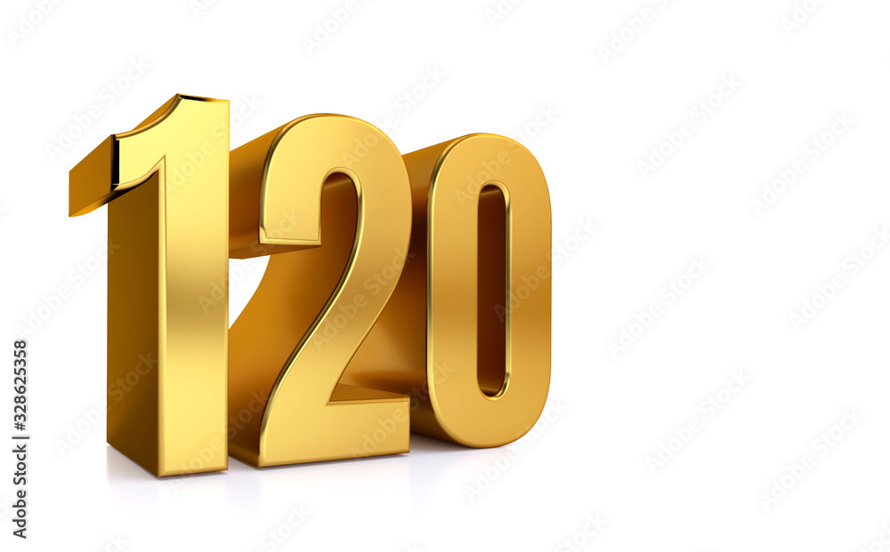 One hundred twenty, 3d illustration golden number 120 on white ...