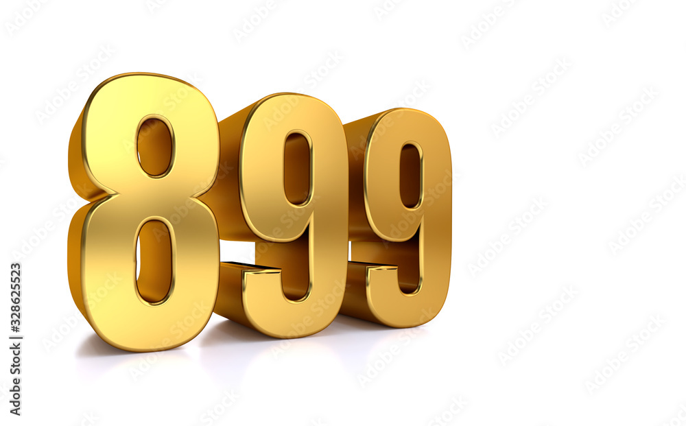 eight hundred ninety-nine, 3d illustration golden number 899 on white ...