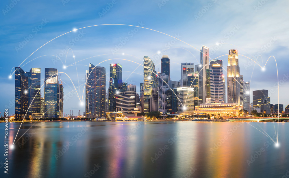 Smart city and wireless communication network concept. Digital network ...