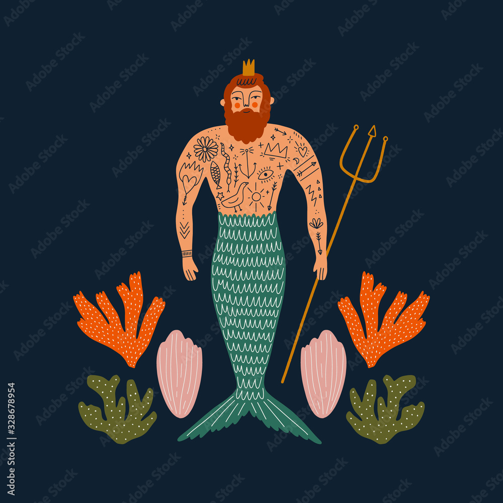 Cartoon color card with cute flat cartoon sea boy mermaid or merman ...