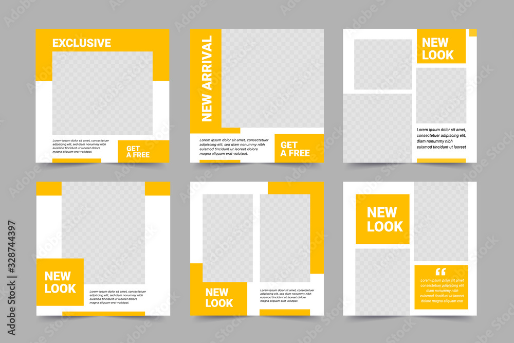Set of Editable square instagram banner template. Black and yellow ...