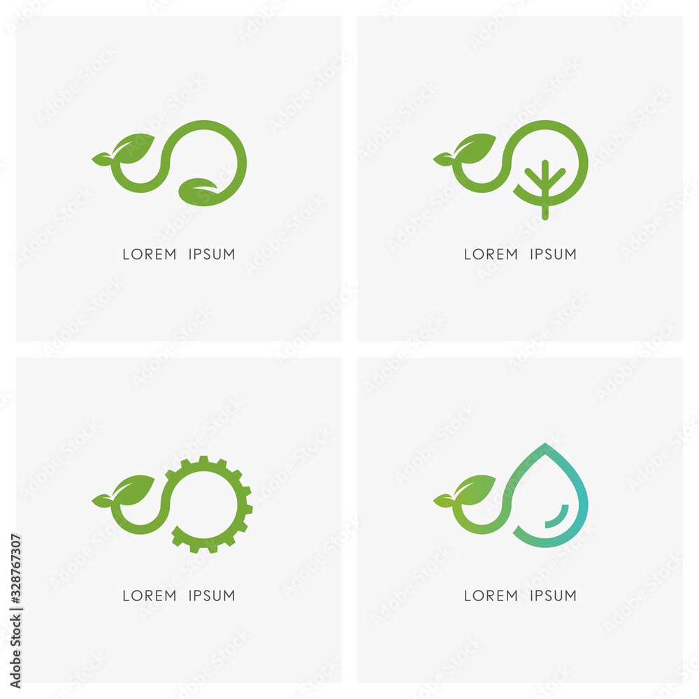 Green sprout logo set. Seed, tree, gear wheel, drop of water and plant ...