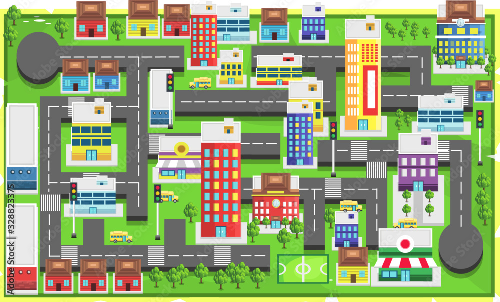 Map Green Modern City with path and Home, School Building, Bus School ...