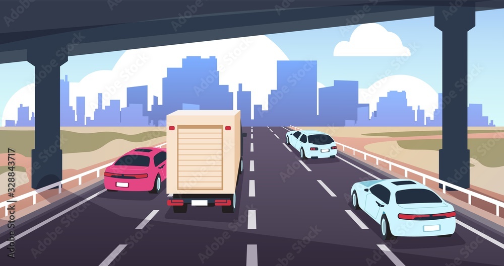 Cartoon highway traffic. Road to city with cars, nature landscape and ...