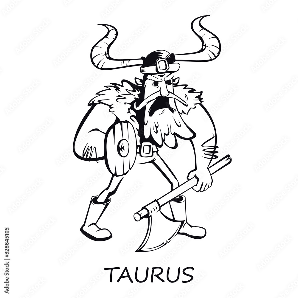 Taurus zodiac sign man outline cartoon vector illustration. Viking ...