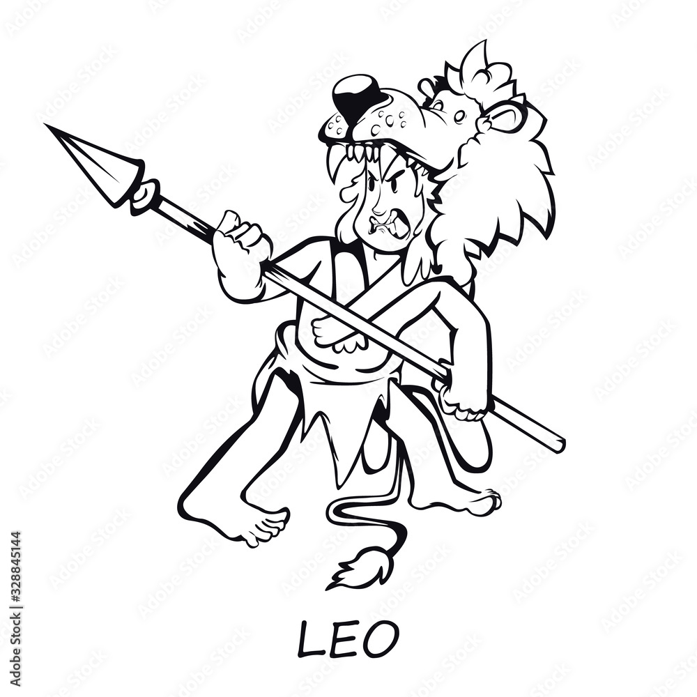 Leo zodiac sign man outline cartoon vector illustration. Caveman in ...