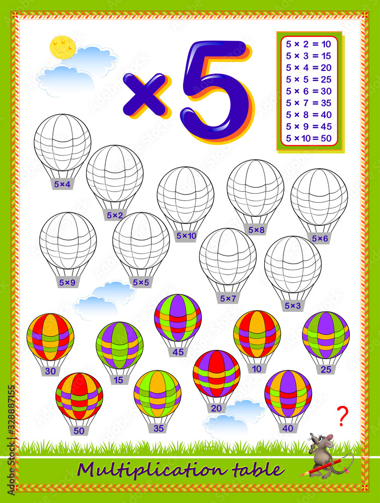 Multiplication table by 5 for kids. Solve examples and paint the ...