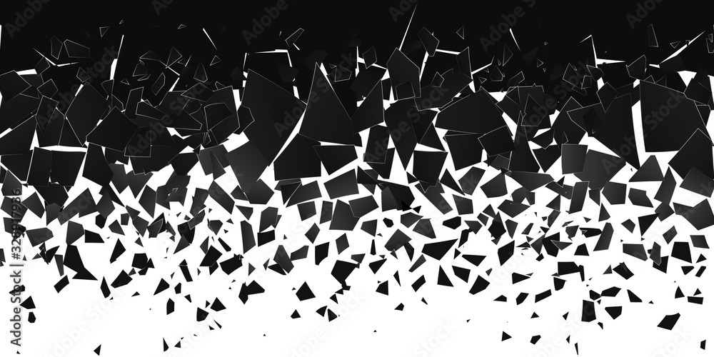 Abstract cloud of pieces and fragments after explosion. Shatter and ...