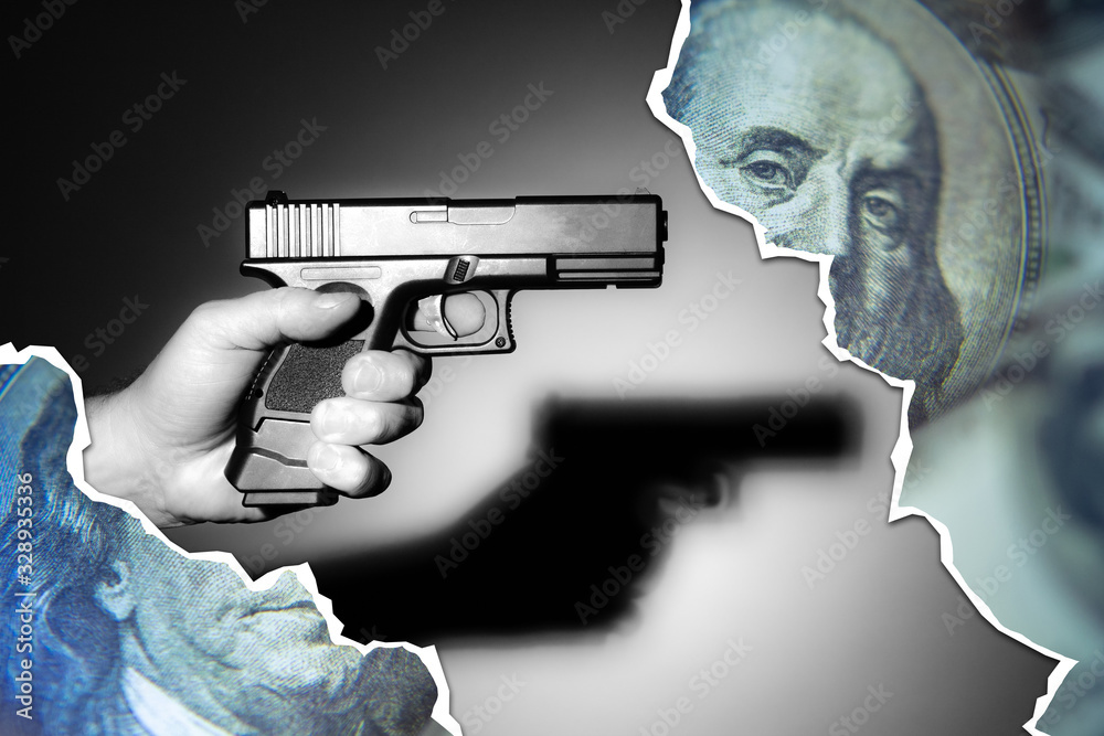 U.S. dollar. A man with a gun is aiming at Franklin. The concept is the ...