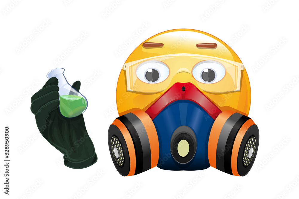 Emoji in a respirator and chemical protection glasses. Emoticon in a ...
