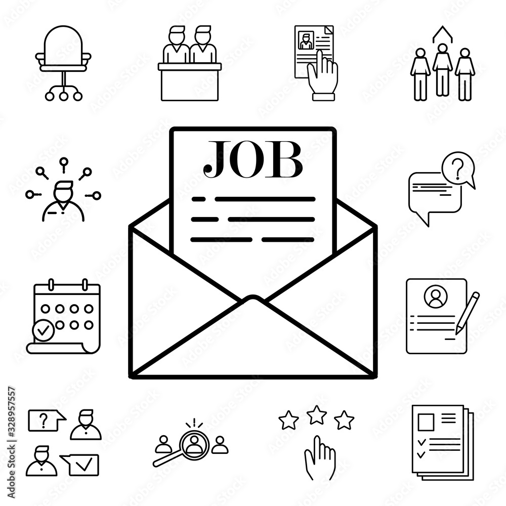 Offer to work in envelope icon. Detailed set of interview icons ...