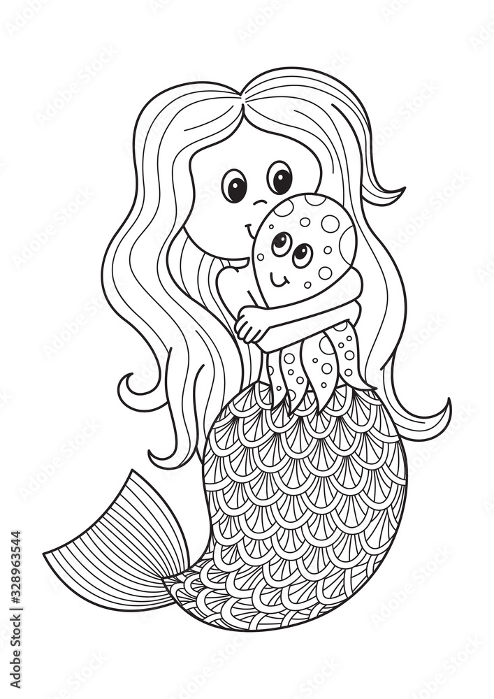 Doodle coloring book page cute mermaid with octopus. Antistress for ...