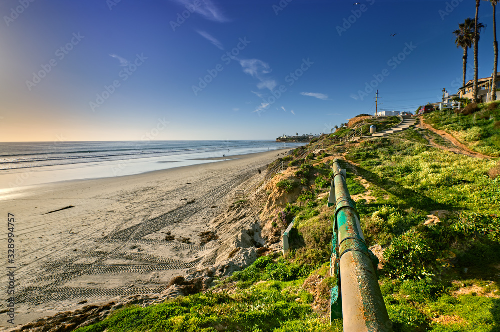 Drainage pipes in the bluffs along North Pacific Beach, San Diego ...