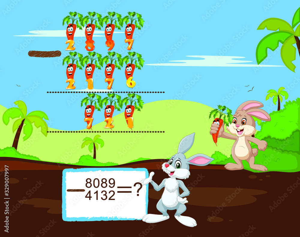 subtractions in animal theme. Rabbits are calculating number of carrots ...