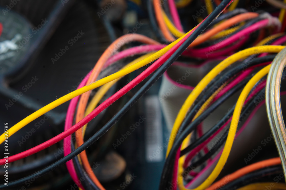 Wires in the system unit of the computer. Old computer. System unit ...