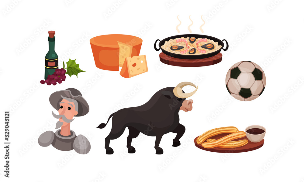 Spain Landmarks and Symbols with Bull and Bottle of Grape Wine Vector ...
