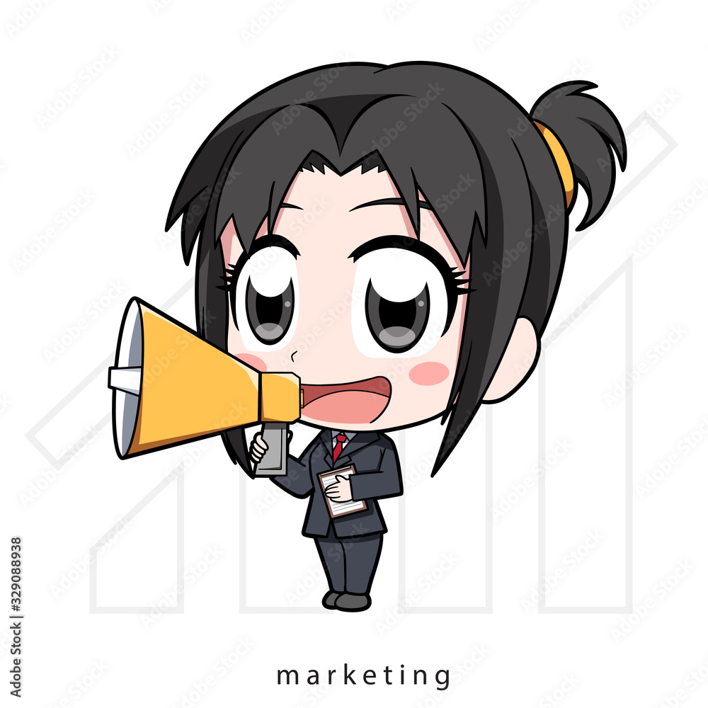 Chibi marketing, girl with megaphone, business girl, Vector ...