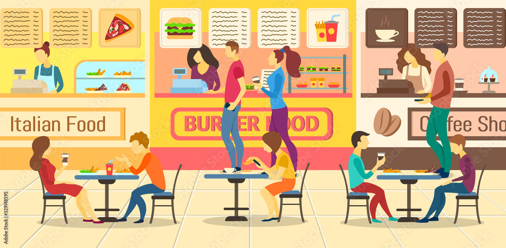 Cartoon Color Characters People and Food Court Restaurants Concept ...