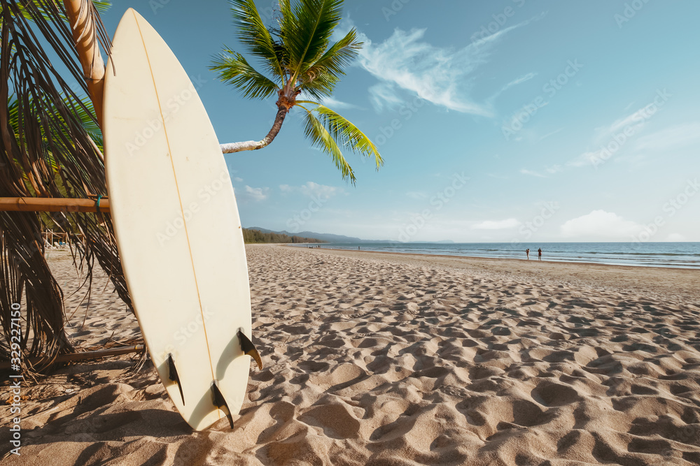 Surfboard and palm tree on beach background with people. Travel ...