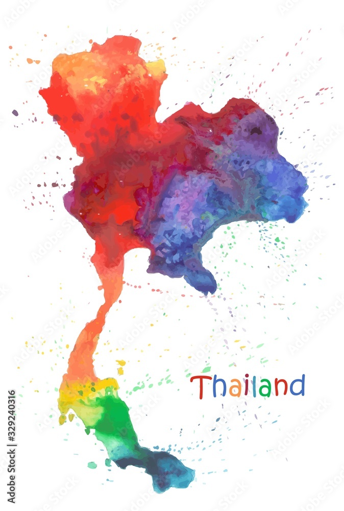 Watercolor map of Thailand. Stylized image with spots and splashes of ...