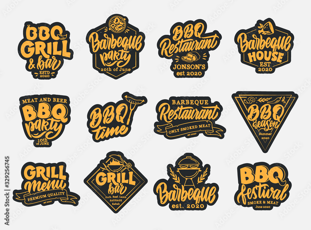 Set of BBQ stickers, patches. Color badges, emblems, stamps on white ...