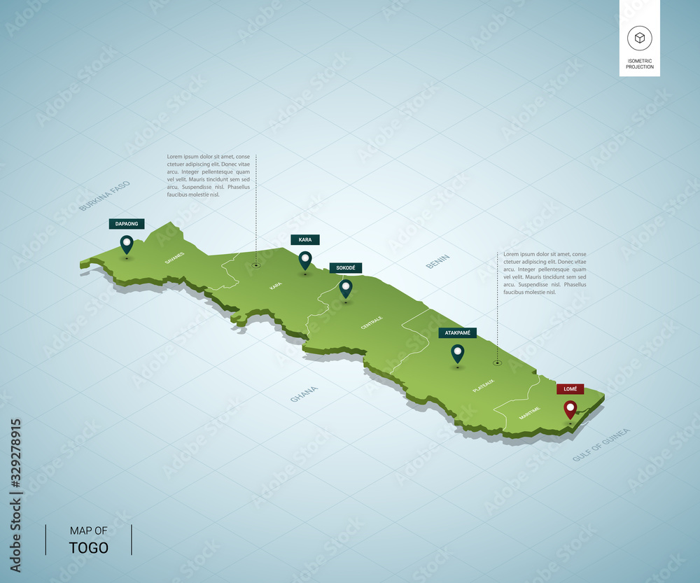 Stylized map of Togo. Isometric 3D green map with cities, borders ...