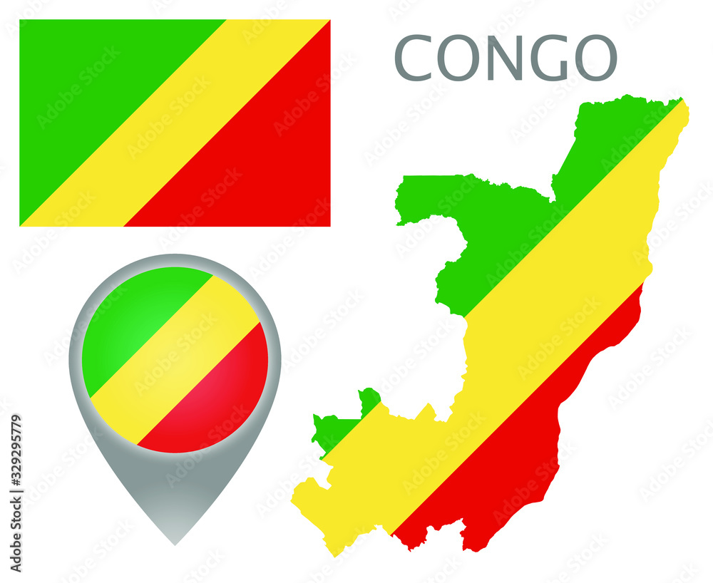 Colorful flag, map pointer and map of Congo in the colors of the Congo ...