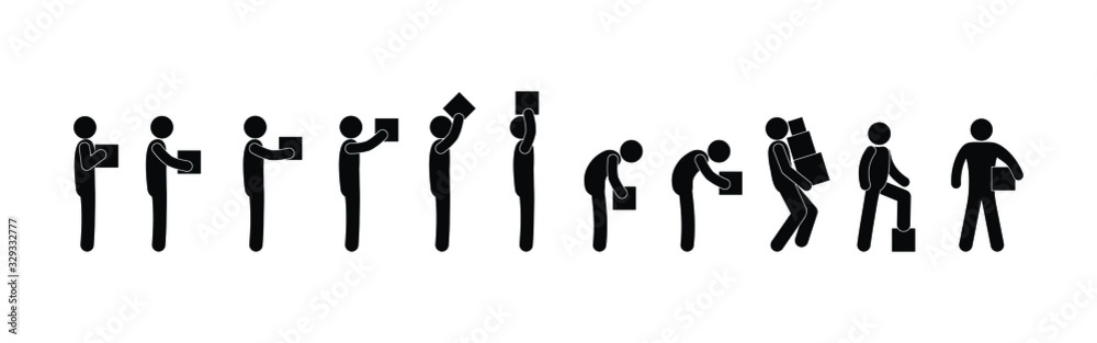 stick figure man holding box, stickman icon set, isolated pictogram ...