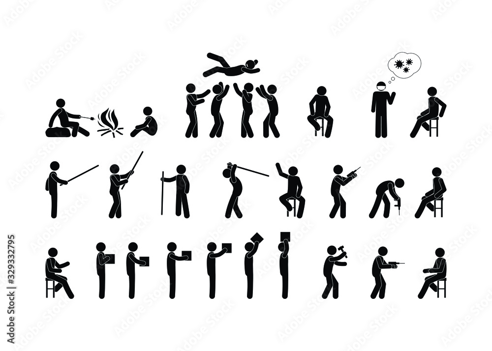stick figure man various poses, stickman icon set, isolated pictograms ...