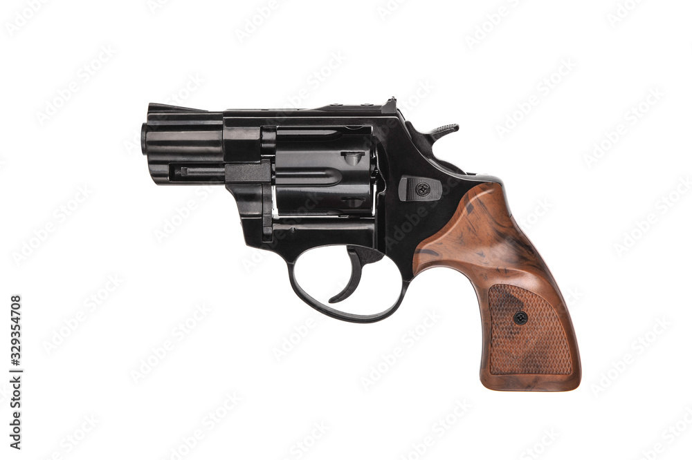 Small black gun revolver isolate on white background. Pocket pistol for ...