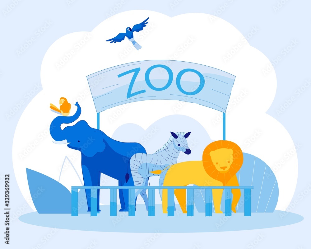 Presentation Poster with Zoo Animals and Birds. Lion, Zebra, Elephant ...