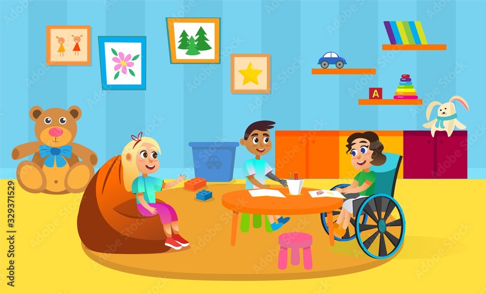Handicapped Girl in Wheelchair Drawing with her Friends in Preschool ...