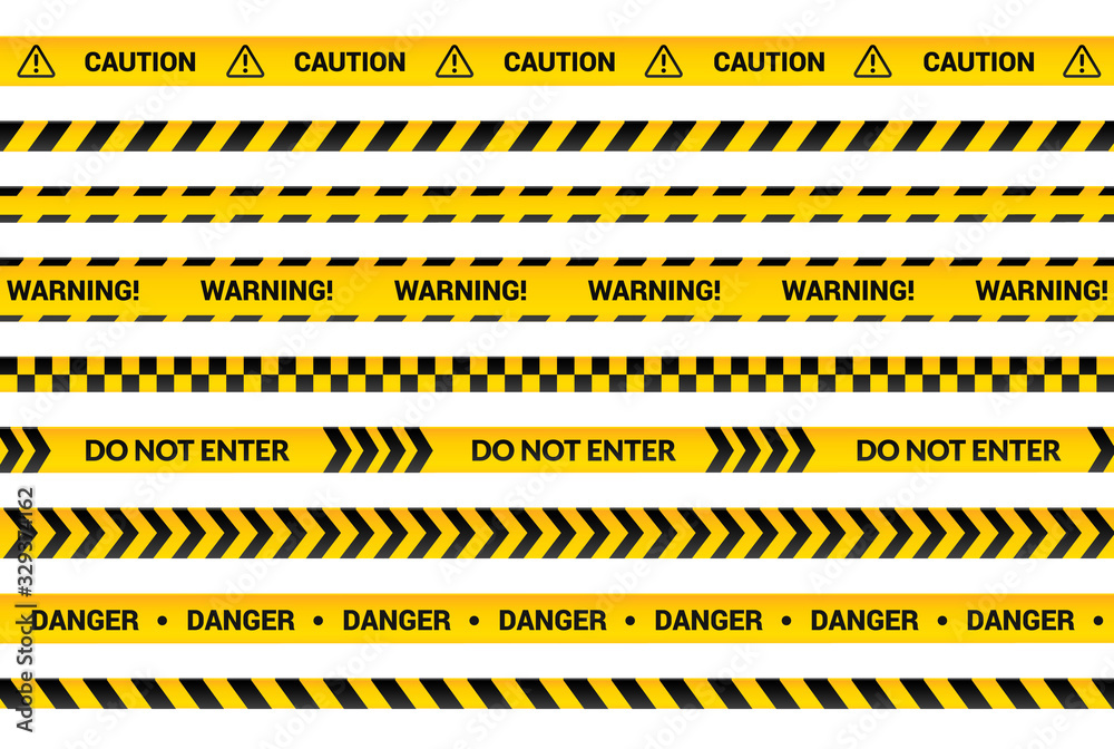 Caution tape set, yellow warning strips, danger symbol, arrows, yellow ...