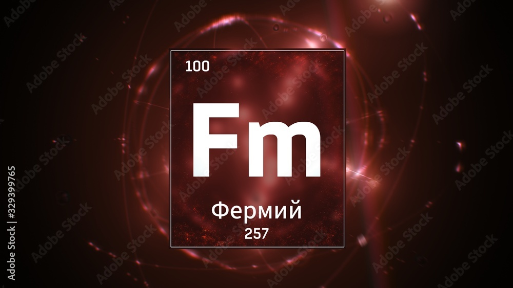 3D illustration of Fermium as Element 100 of the Periodic Table. Red ...