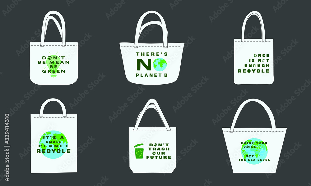 Set of tote shopping eco fabric bags with ecology awareness slogans ...