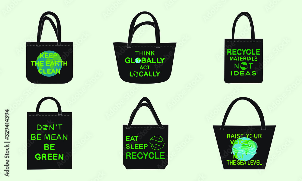 Set of black tote shopping eco fabric bags with ecology awareness ...