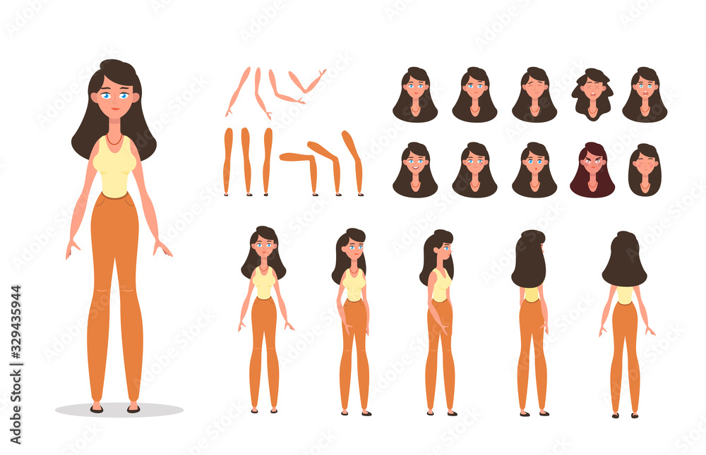 Woman character constructor for animation with various views, poses ...