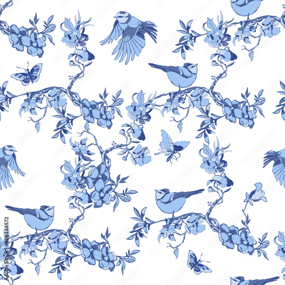 Seamless chinoiserie pattern with titmouse bird, flowers and butterflies. Vector patch for print ...