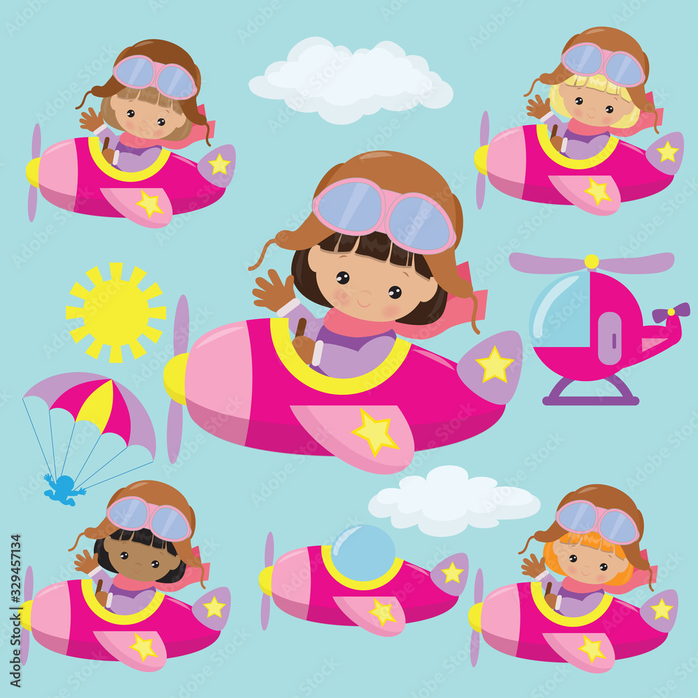 Cute little girl pilot vector cartoon illustration Stock Vector | Adobe ...