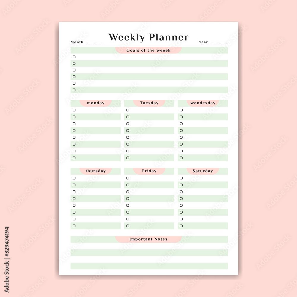 Feminine Weekly schedule planner for woman A3 size with list check box ...