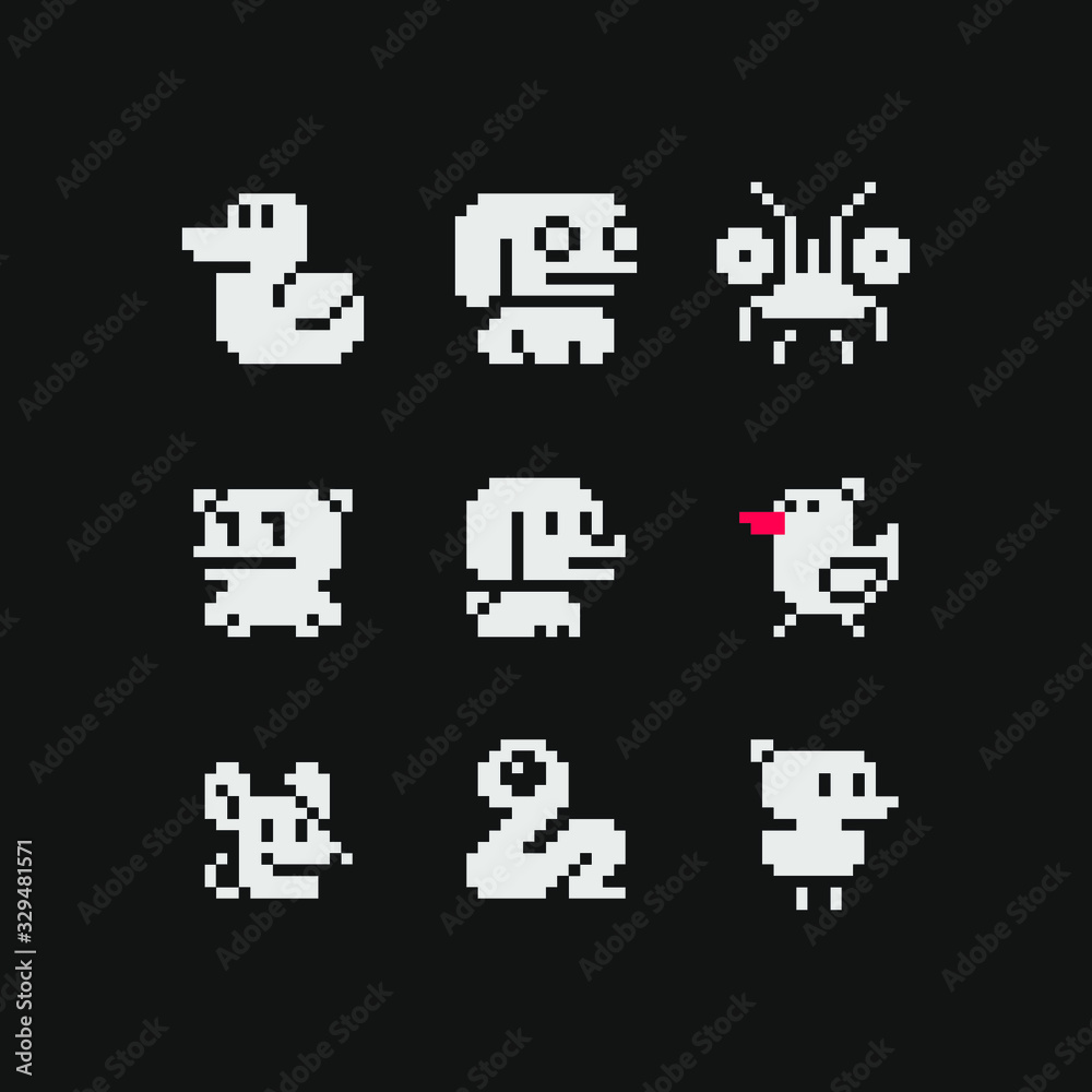 Abstract cute animals characters pixel art icons set, duck, dog ...