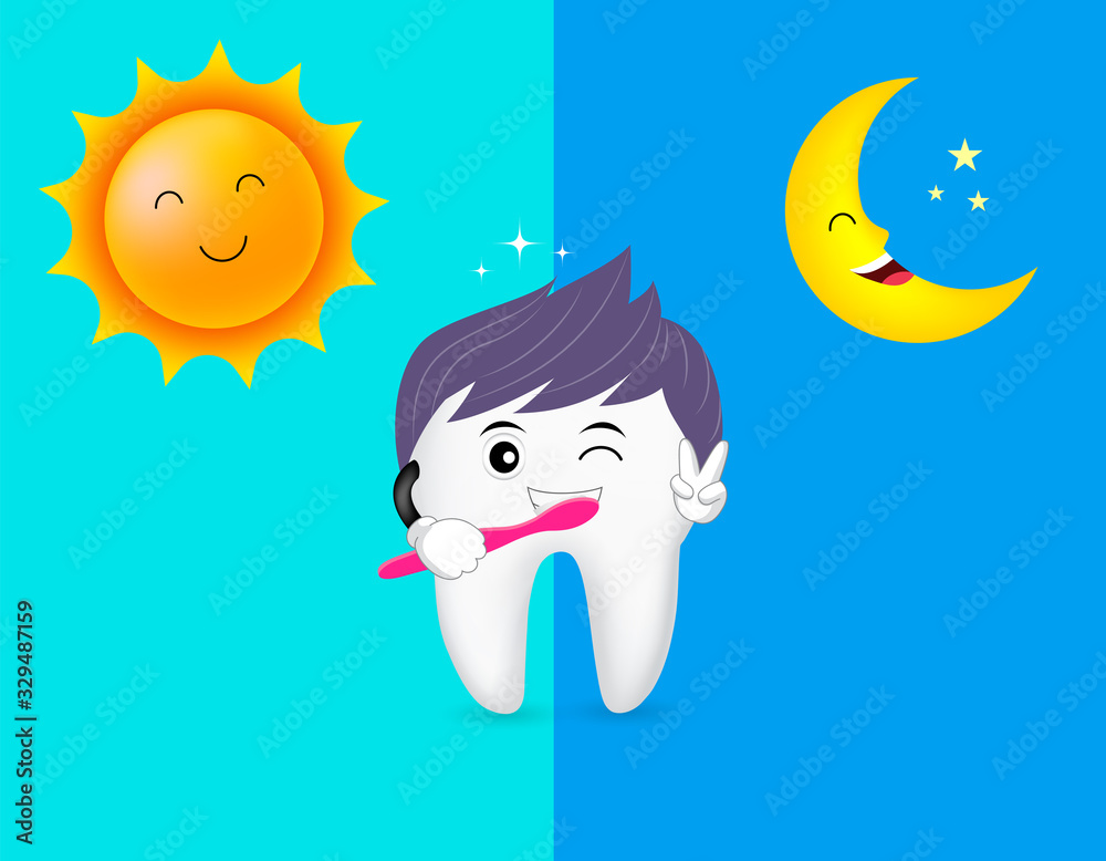 caetoon tooth character with sun and moon. Brush your teeth twice a day ...