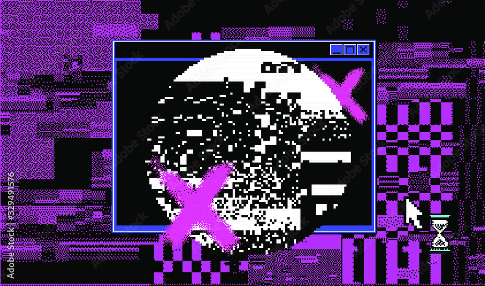 Glitched screen with terminal console window. Pixel art 1-bit style ...