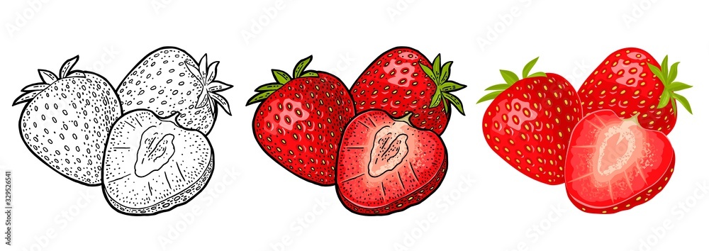Whole and slice strawberry. Vector engraving and flat icon Stock Vector ...