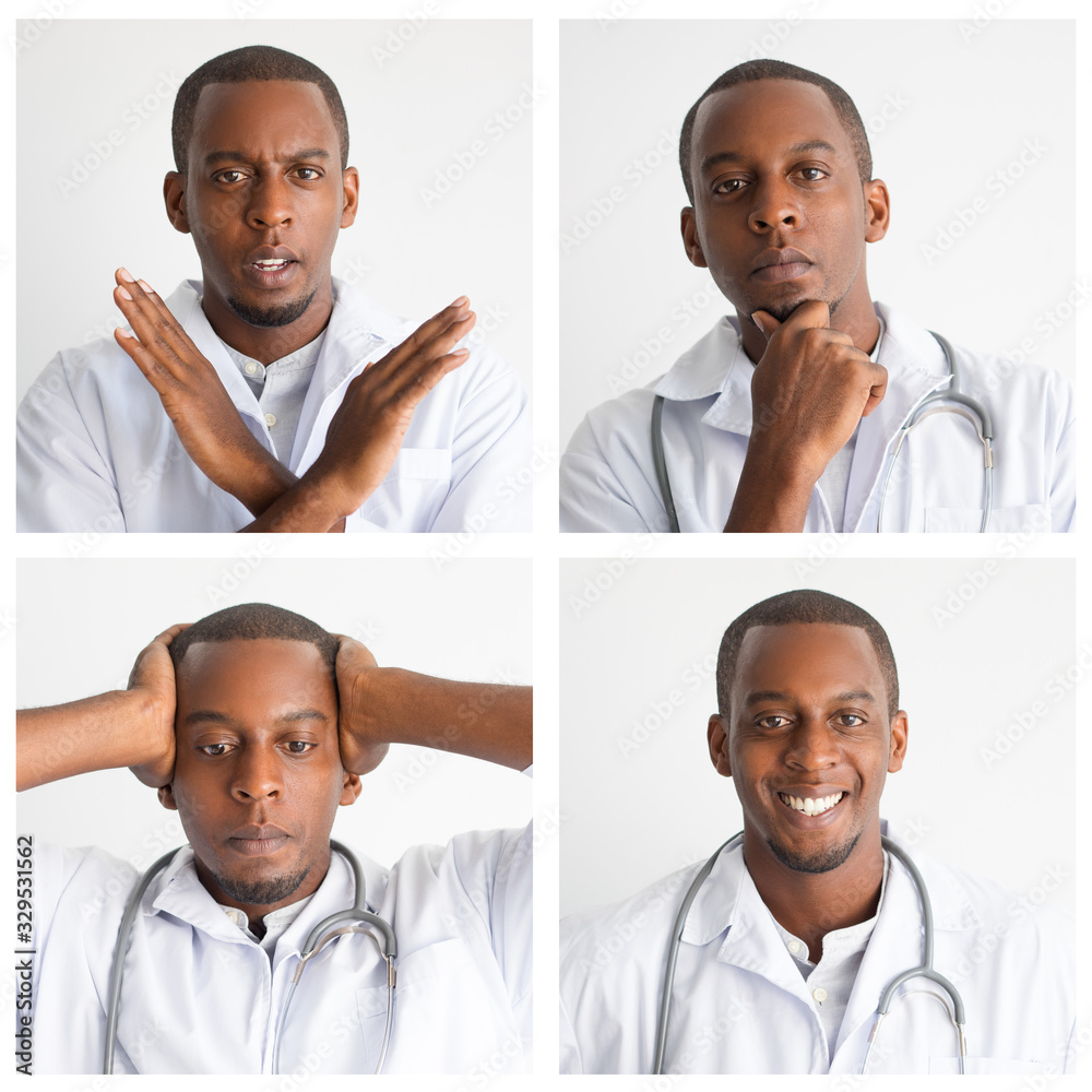 Afro American male doctor portrait set with different gestures and ...
