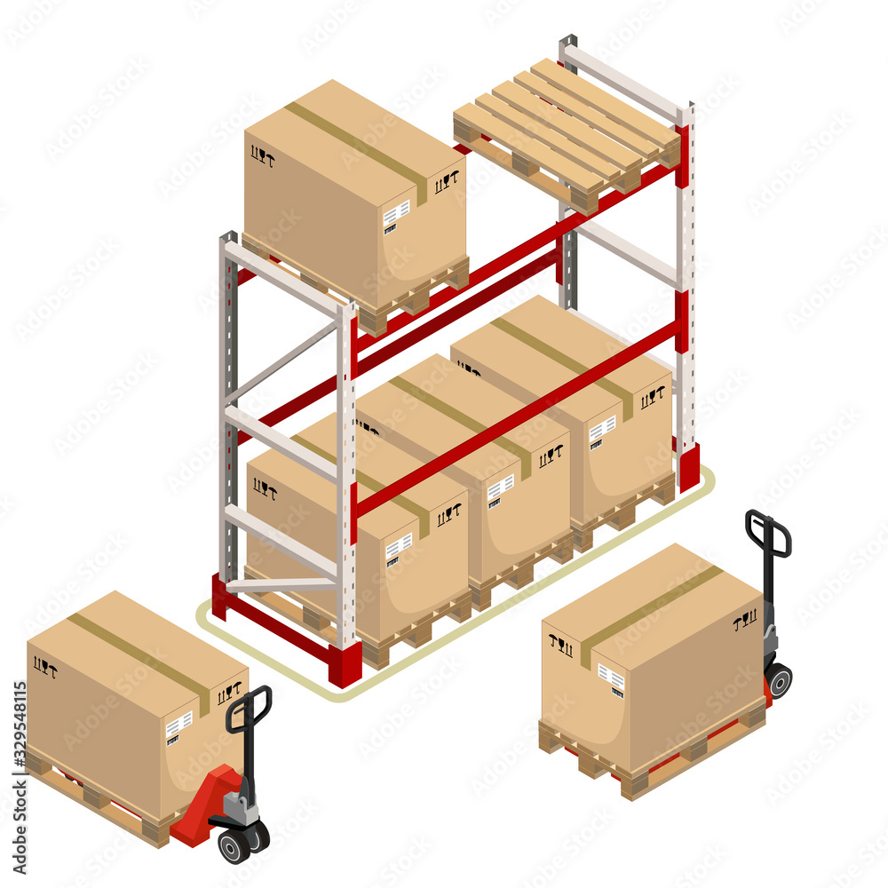 Metal racks with boxes on pallets, hand pallet trucks with a cardboard ...