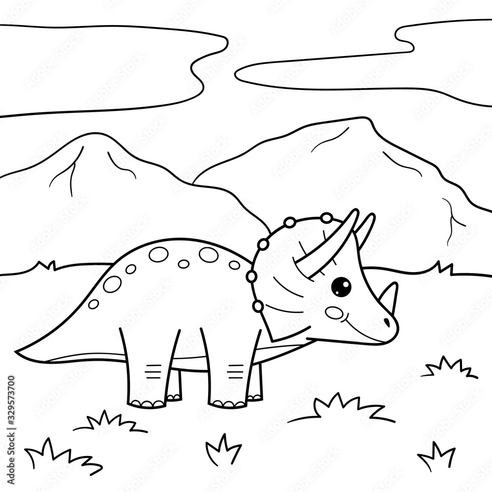 Cartoon dinosaur Triceratops. Kawaii vector character. Coloring page or ...