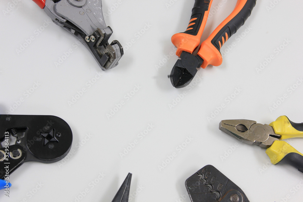 Tools for electrical wiring signal. Crimping tools, wire tips and ...