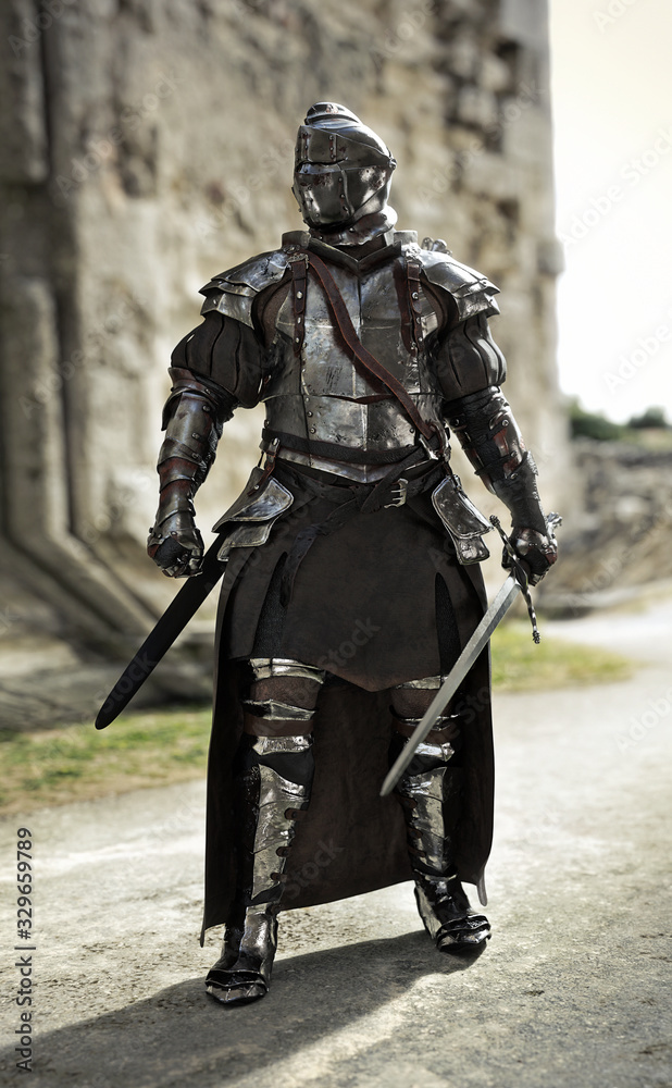 Brave medieval knight standing guard in a full suit of armor and ...